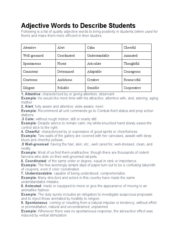 Positive Adjectives for Students | PDF | Cognition | Psychological Concepts