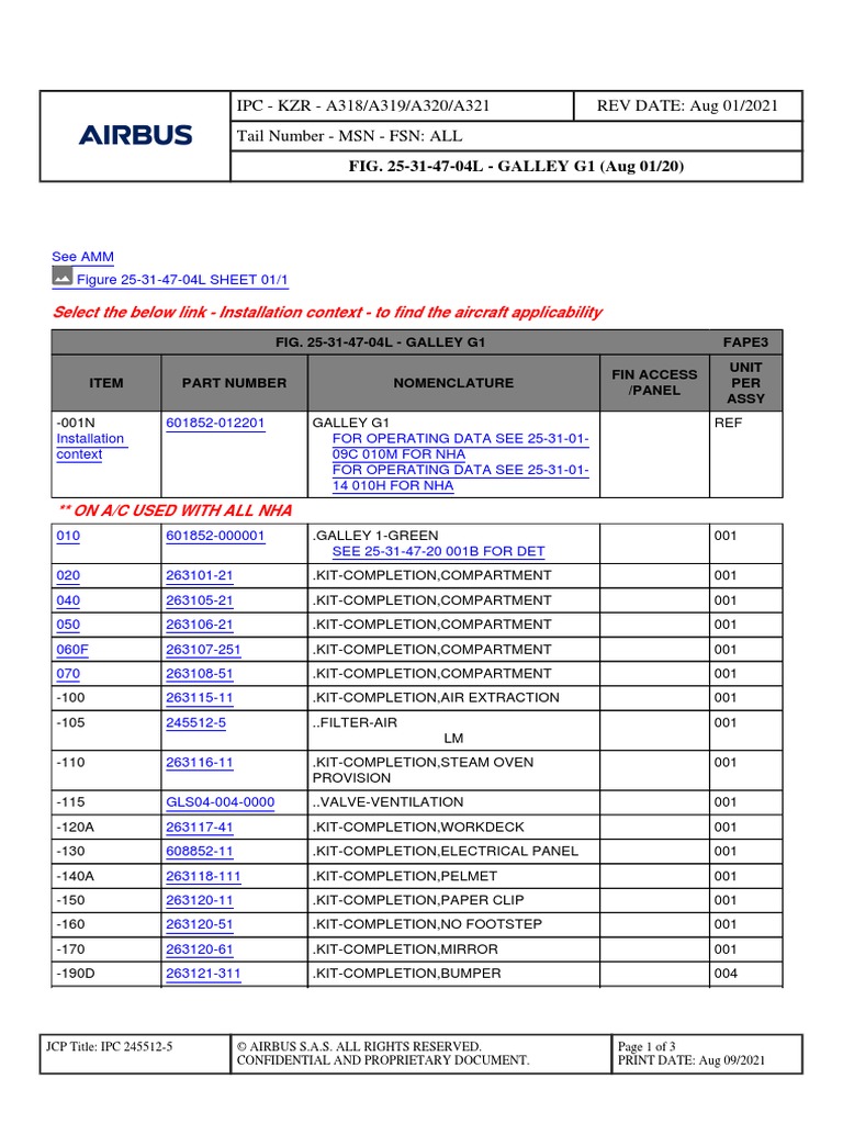 IPC - KZR - A318/A319/A320/A321 REV DATE: Aug 01/2021 Tail Number - MSN ...