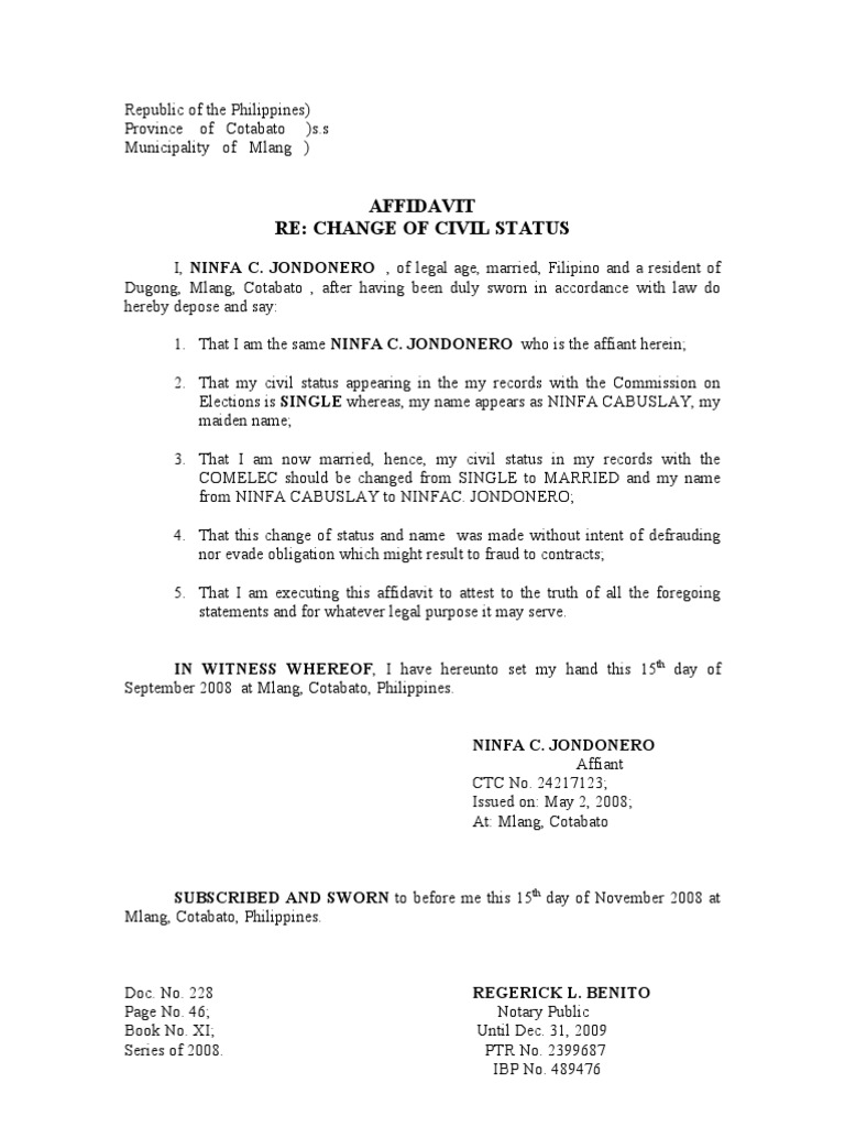 Affidavit, Change of CIVIL STATUS | PDF | Affidavit | Civil Law (Common ...
