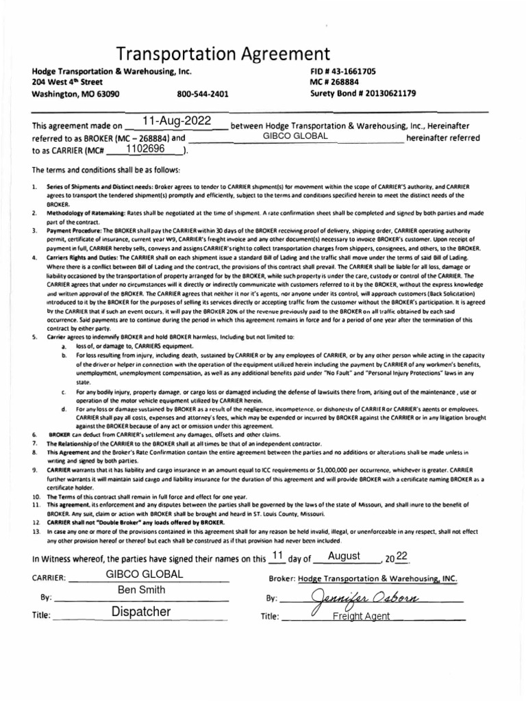 Transportation Agreement Fillable | PDF | Bill Of Lading | Cargo