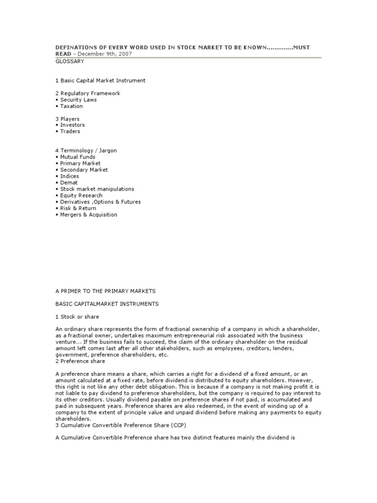 Stock Market Terminology Glossary | PDF | Margin (Finance) | Stocks