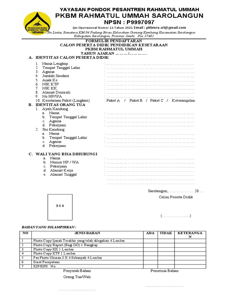 Formulir Pendaftaran PKBM Rahmatul Ummah | PDF
