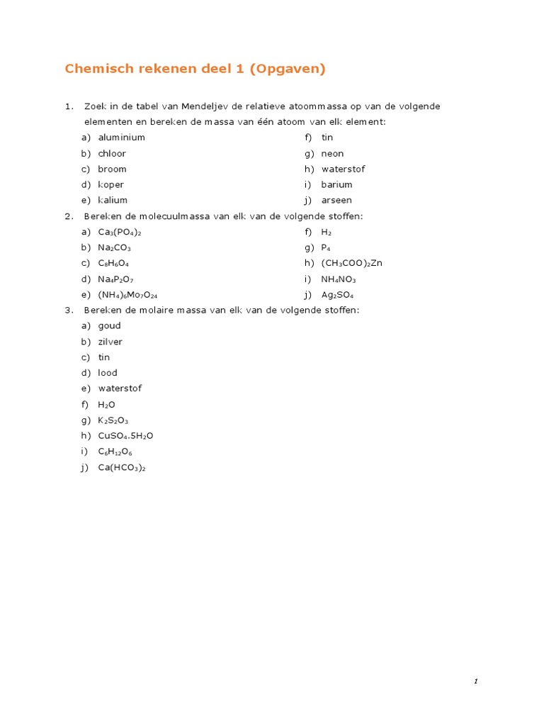 Chemisch Rekenen Deel 1 Opgaven | PDF