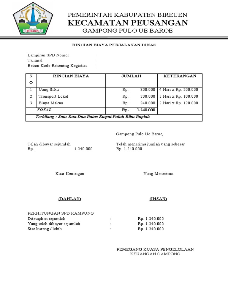 Rincian Biaya Perjalanan Dinas | PDF