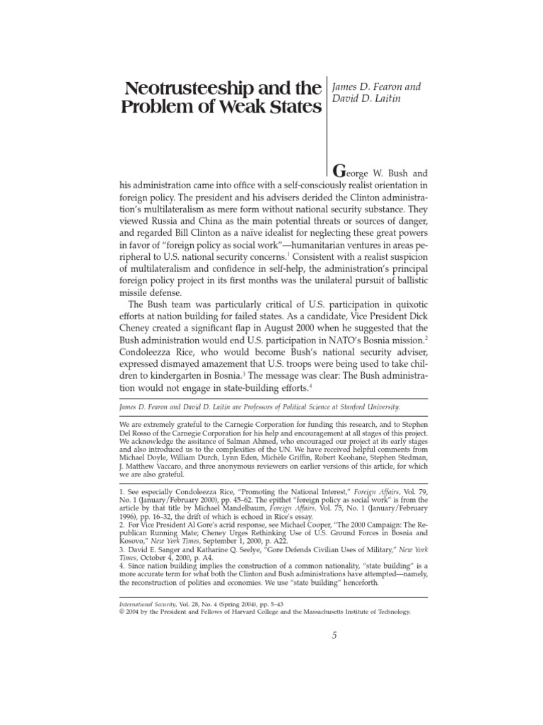 Fearon, James D., and David D. Laitin. 2004. "Neotrusteeship and The ...