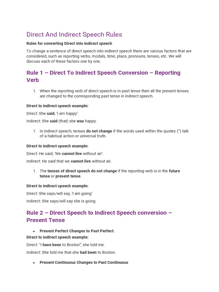 Direct And Indirect Speech Rules | PDF | Grammatical Tense | Verb