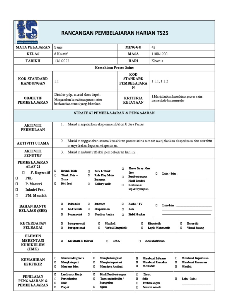 RPH Minggu 1 Tahun 6 | PDF