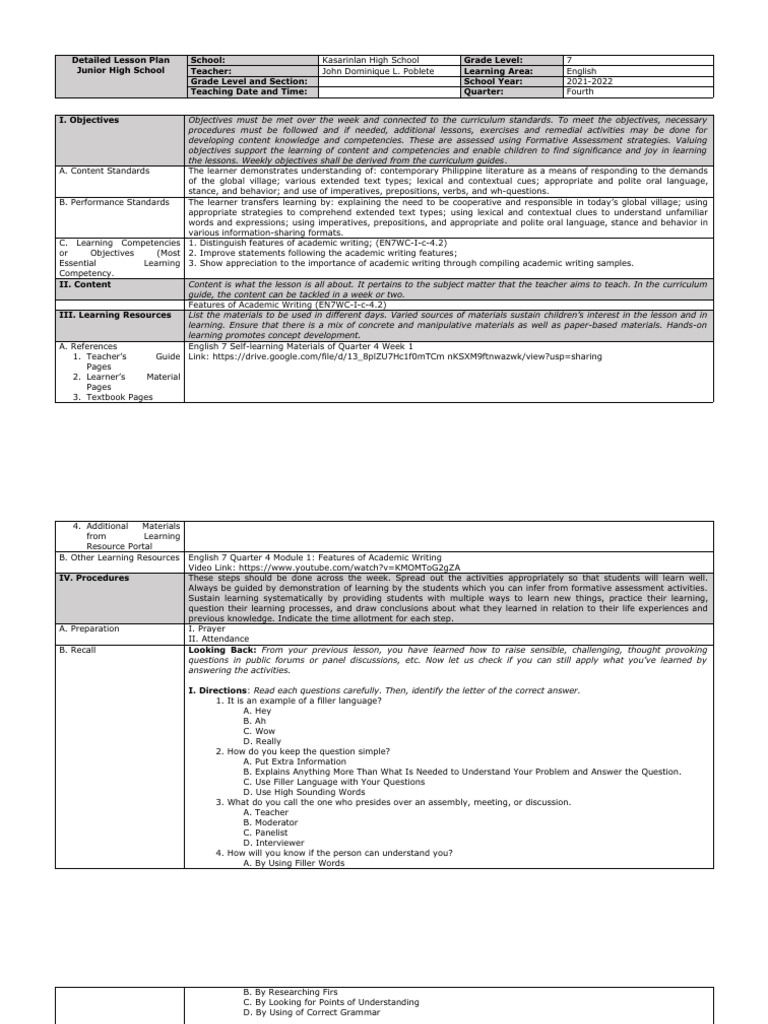 Grade 7 English 4th Quarter Lesson Plan | PDF | Question | Word