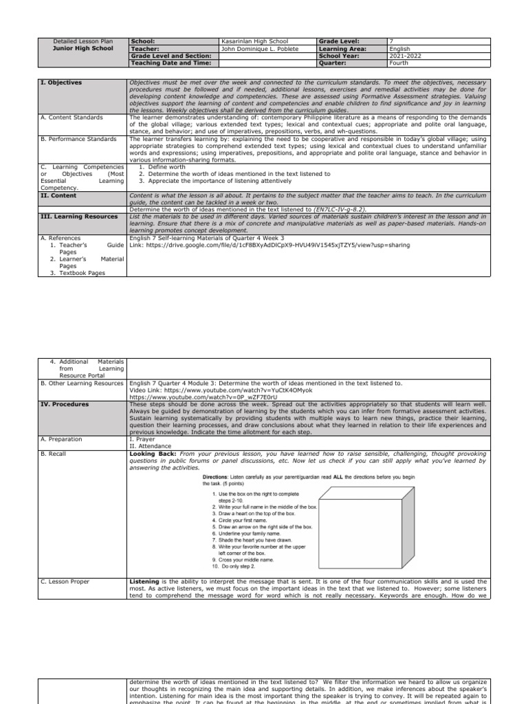 English 7 4th Quarter Week 3 Detailed Lesson Plan | PDF | Learning ...