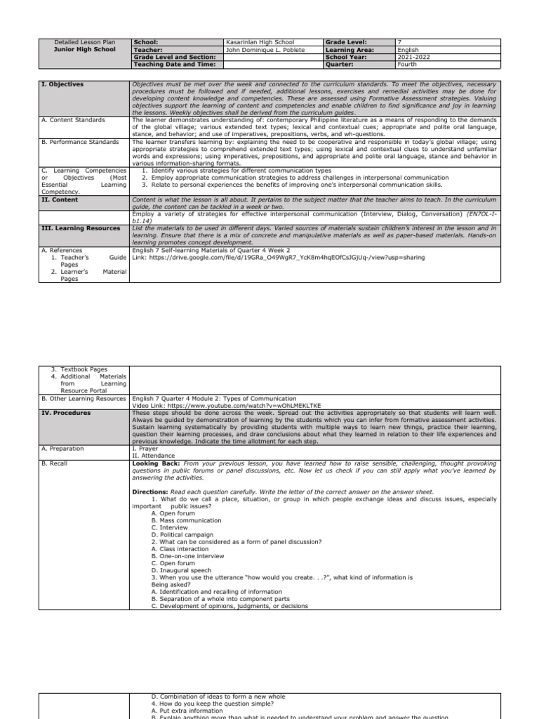 Grade 7 English Lesson Plan: Q4W2 | PDF | Learning | Communication