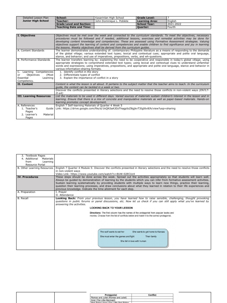 English 7 4th Quarter Week 5 Detailed Lesson Plan | PDF | Learning ...