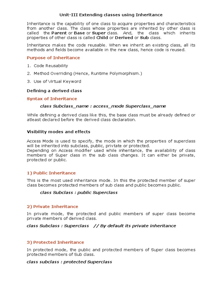 Purpose Of Inheritance Unit Iii Extending Classes Using Inheritance Pdf Inheritance Object