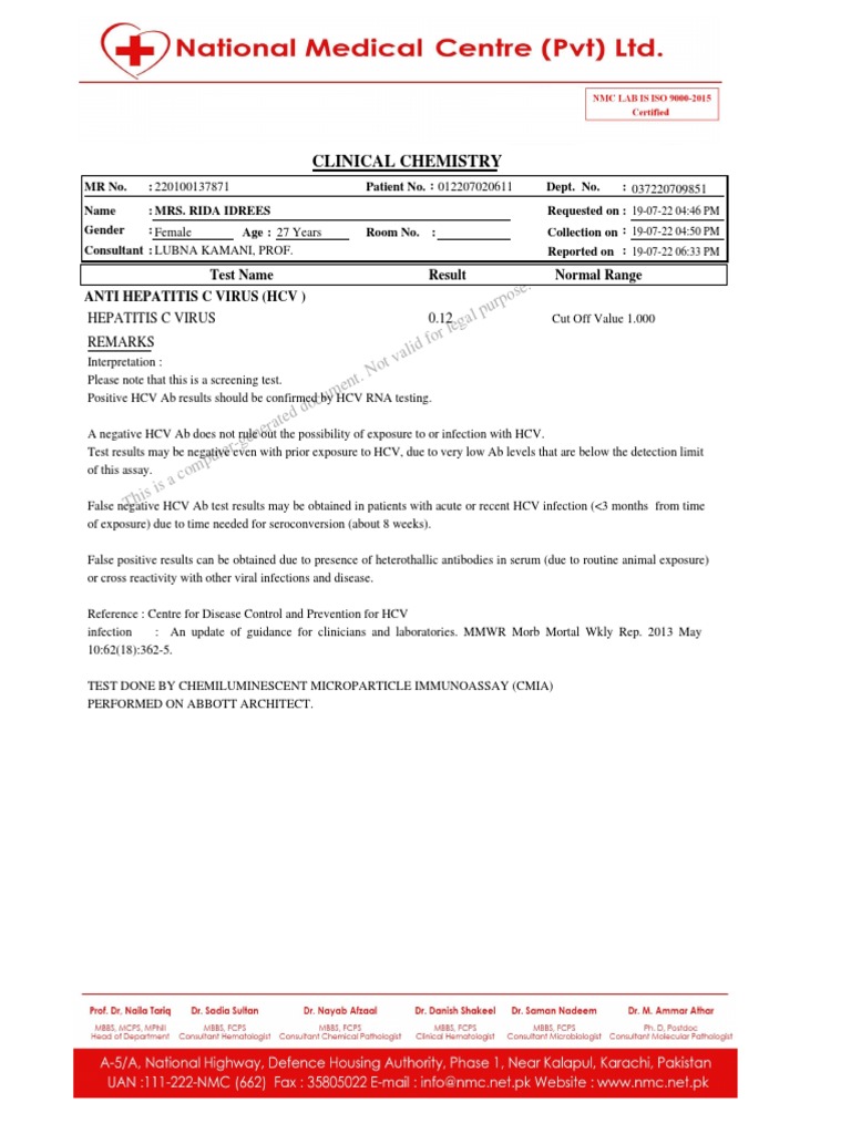 Clinical Chemistry: Result Normal Range Test Name Anti Hepatitis C ...