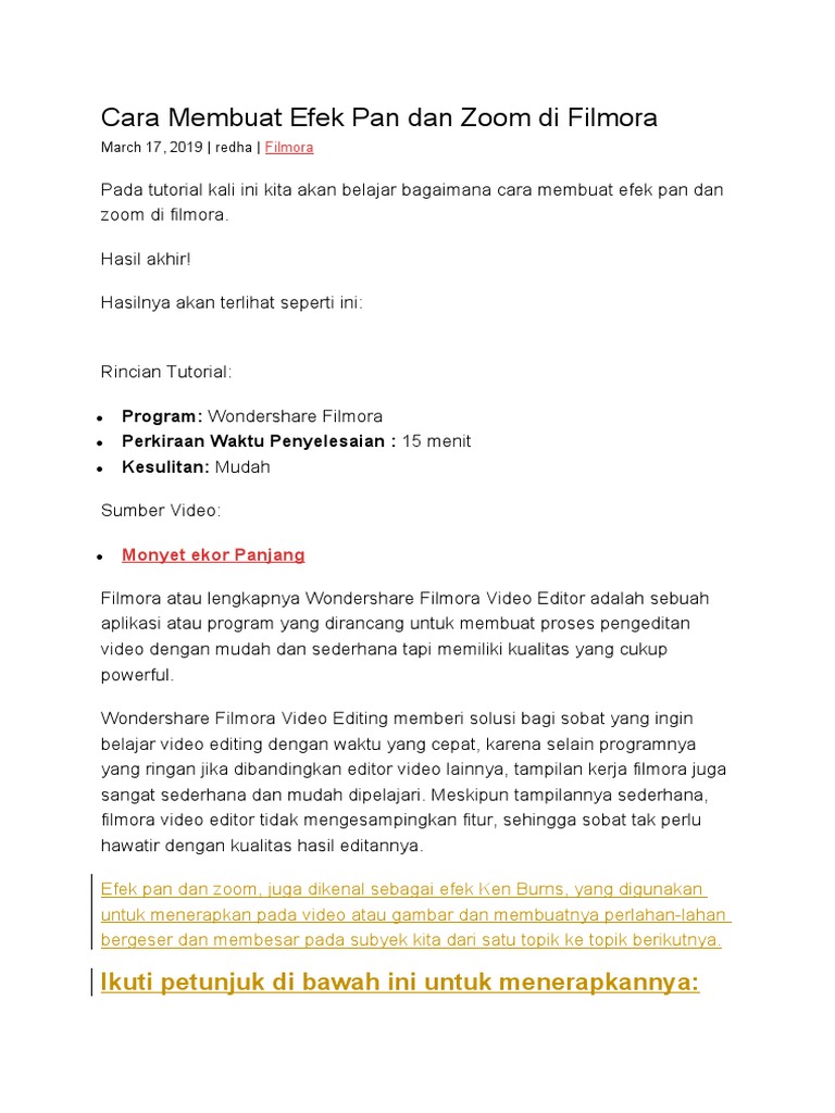 Cara Membuat Efek Pan Dan Zoom Di Filmora | PDF