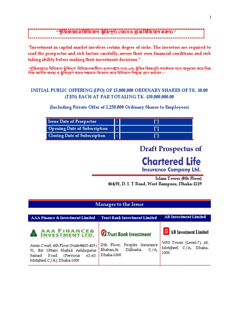 Prospectus of Chartered Life Insurance Ltd. 29.04.2021 P 370 | PDF ...