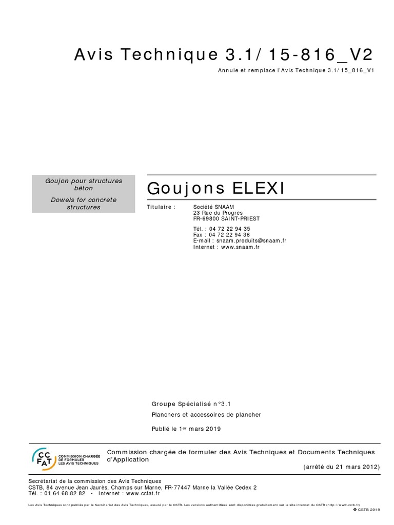 Avis Technique 3.1/15-816 - V2: Goujon Pour Structures Béton Dowels For Concrete Structures ...