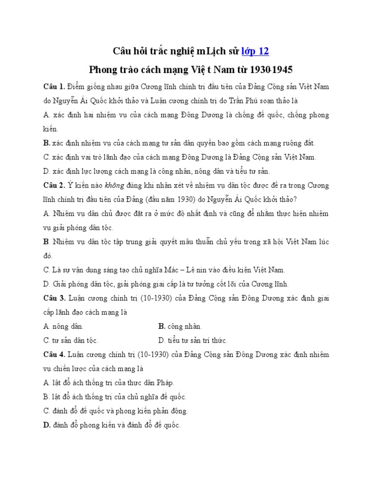 Trac Nghiem Lich Su Viet Nam Tu 1930 1945 | PDF