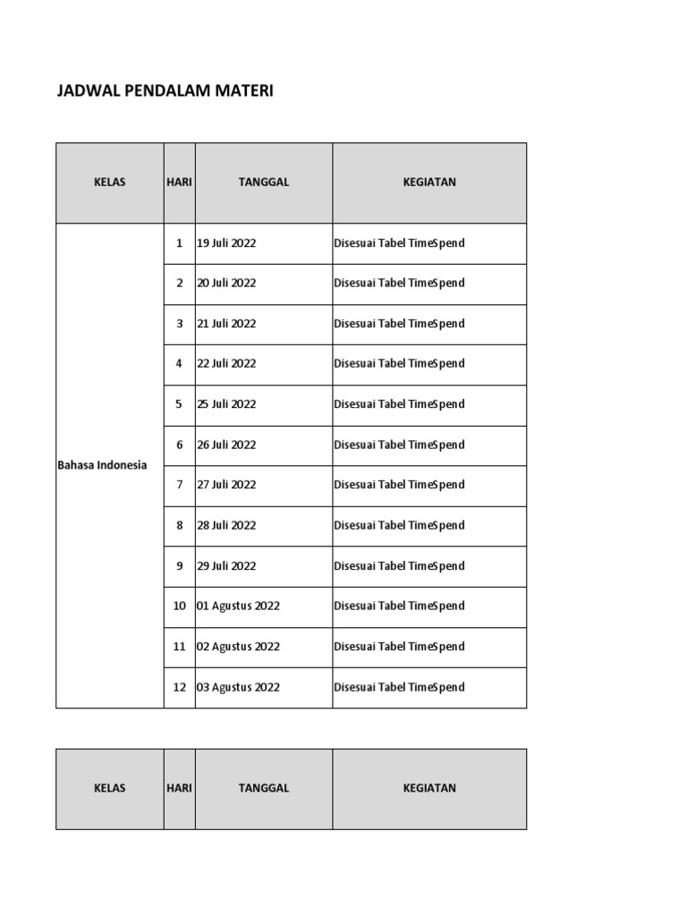 Jadwal Pendalaman Materi | PDF