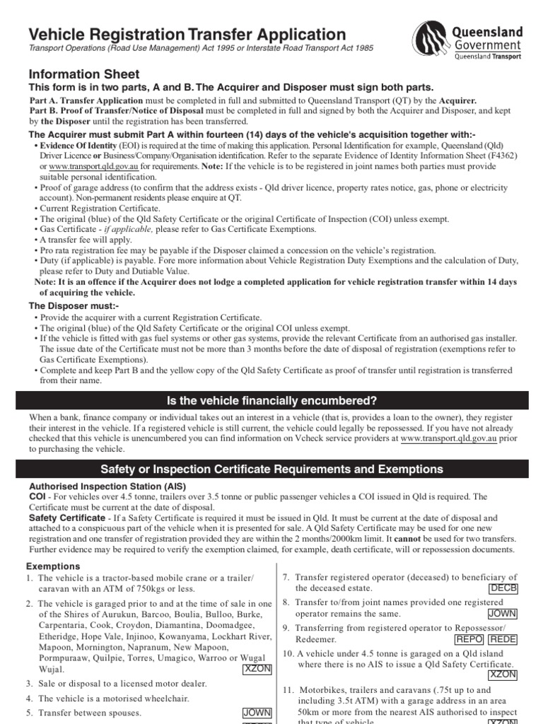 Vehicle Registration Transfer Application: Information Sheet | PDF ...