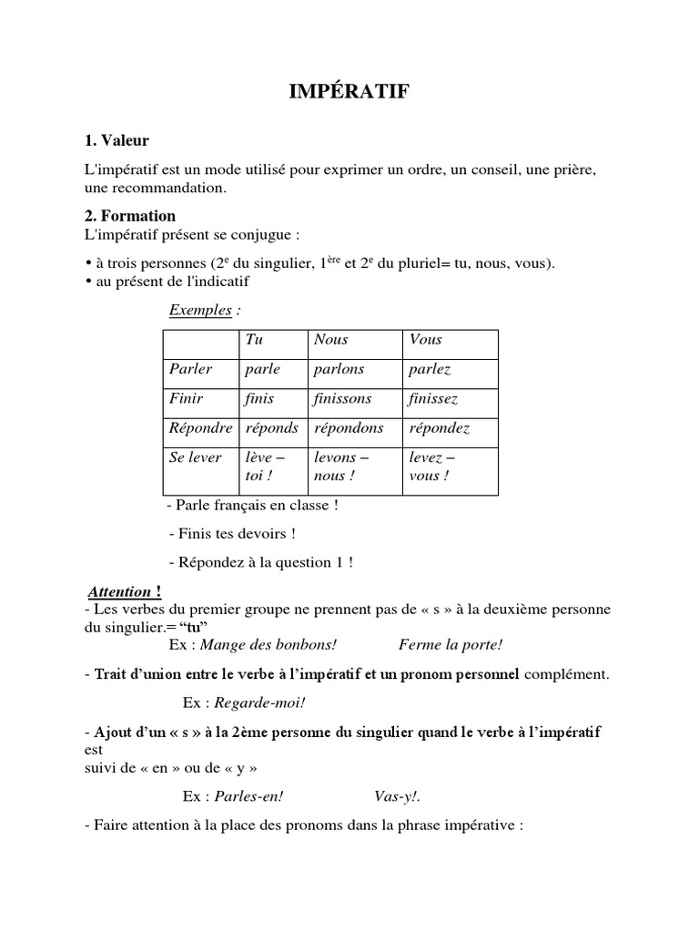 L'Impératif en Français : Formation et Valeurs | PDF | Verbe | Nombre ...