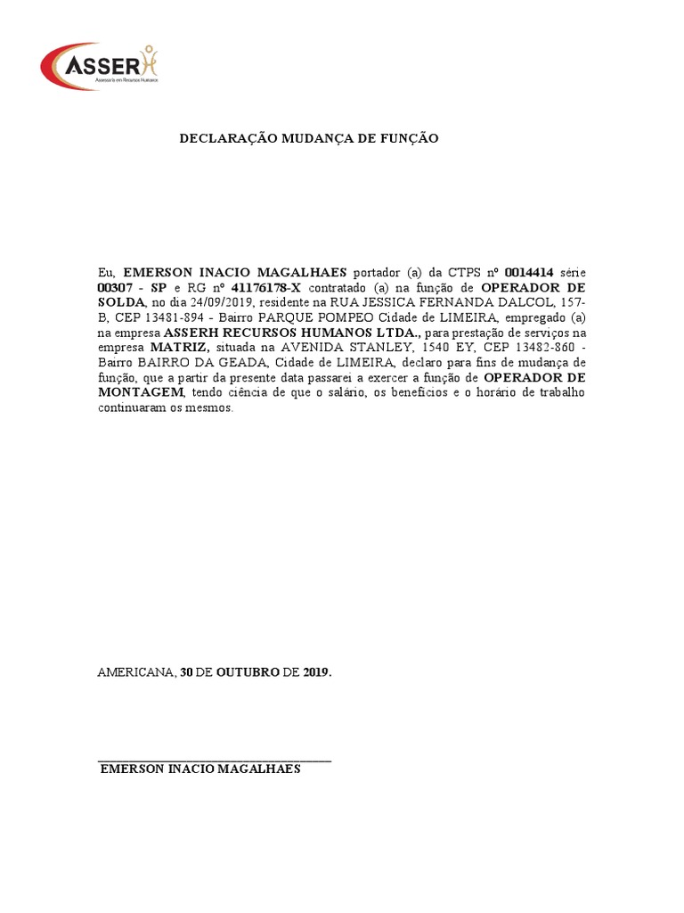 Declaração Mudança de Função | PDF Declaração Mudança de Função | PDF