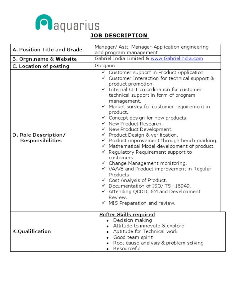 Application Engineering Manager Job Description | PDF