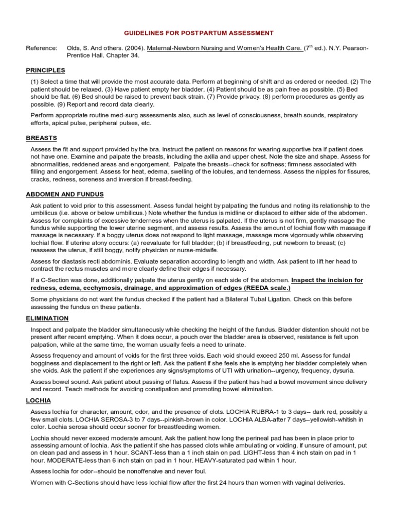 Guidelines Postpartum Assessment | PDF | Infants | Urinary Bladder