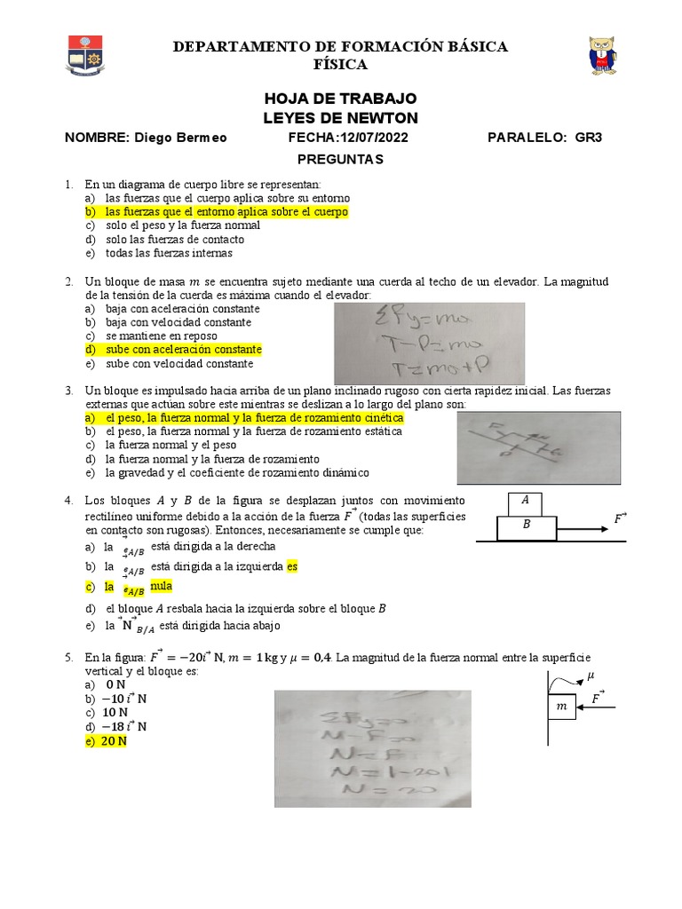 Hoja De Trabajo Con Respuestas De Las Leyes De Newton
