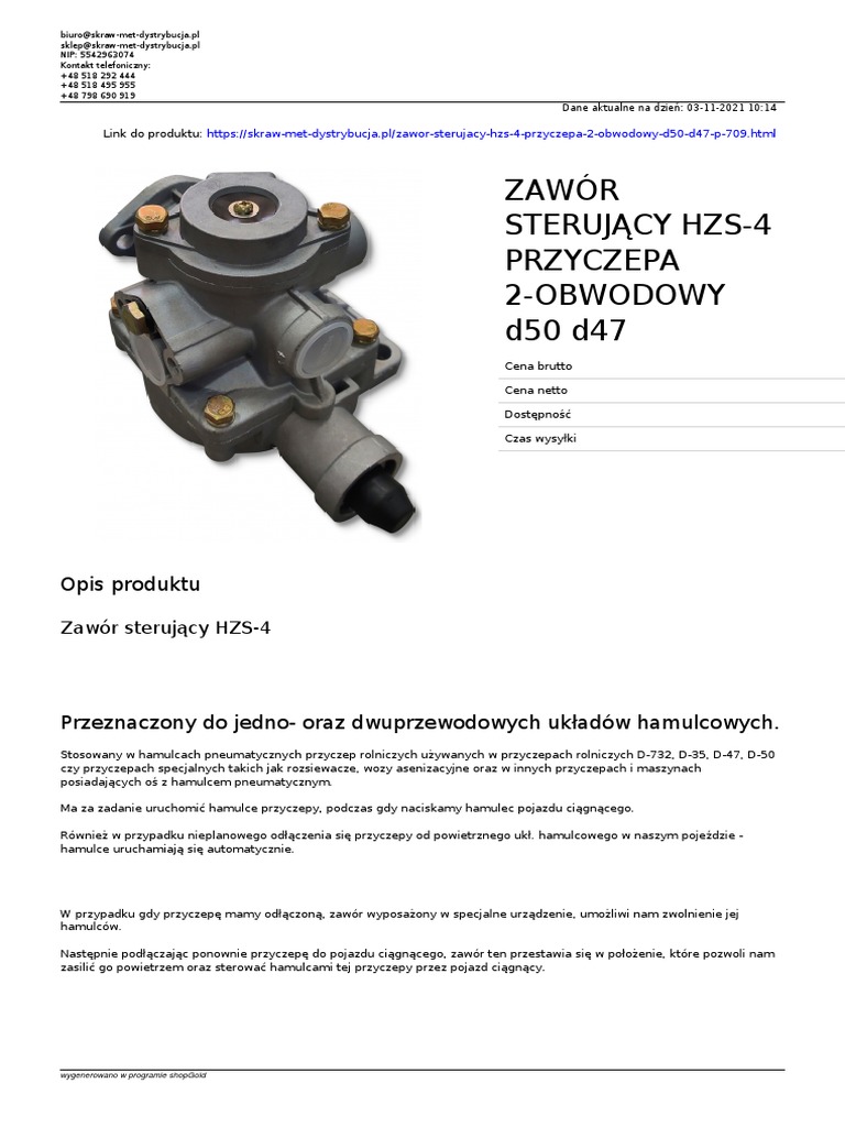 Zawor Sterujacy Hzs 4 Przyczepa 2 Obwodowy d50 d47 | PDF