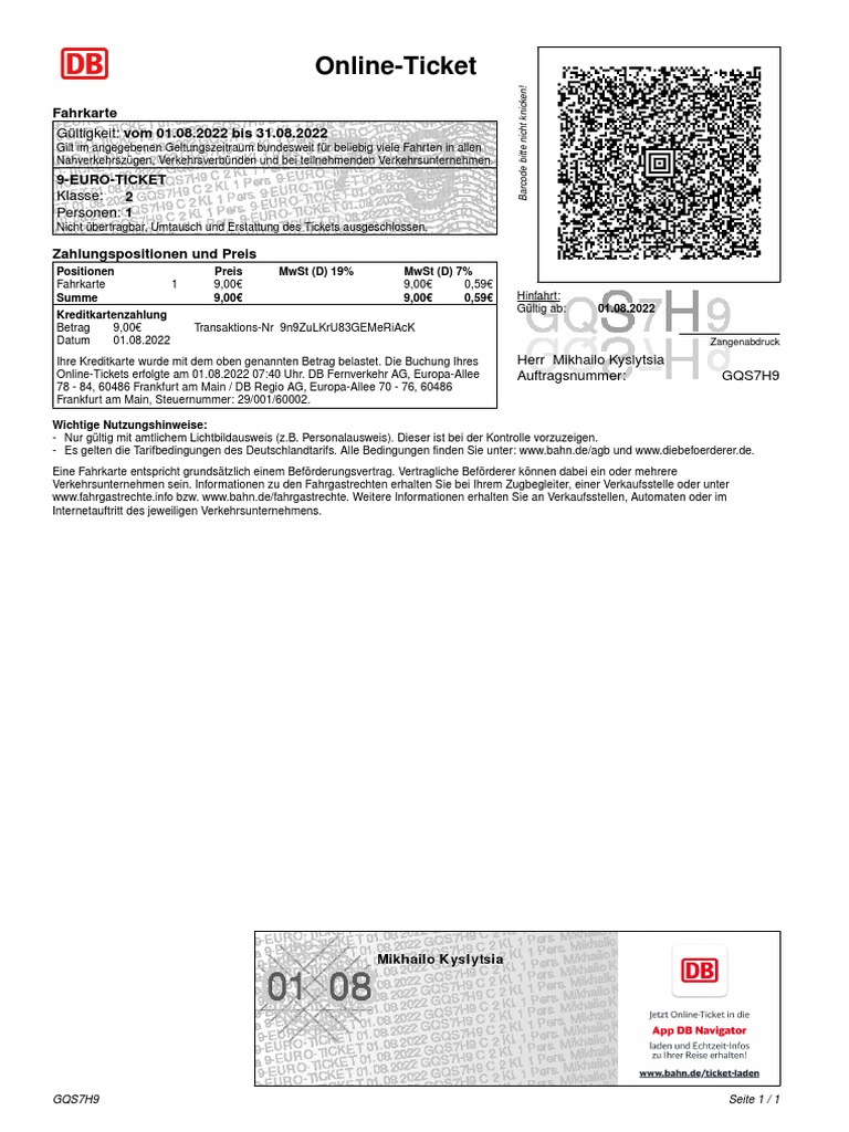 Online-Ticket: Gültigkeit: Vom 01.08.2022 Bis 31.08.2022 | PDF