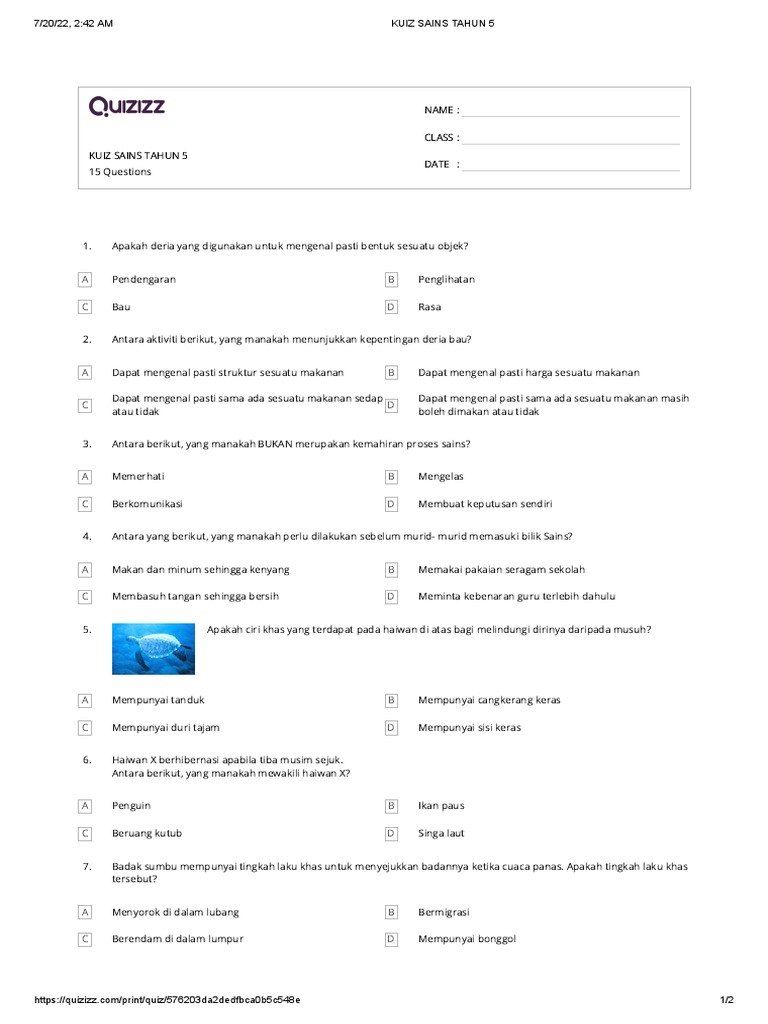Kuiz Sains Tahun 5 | PDF