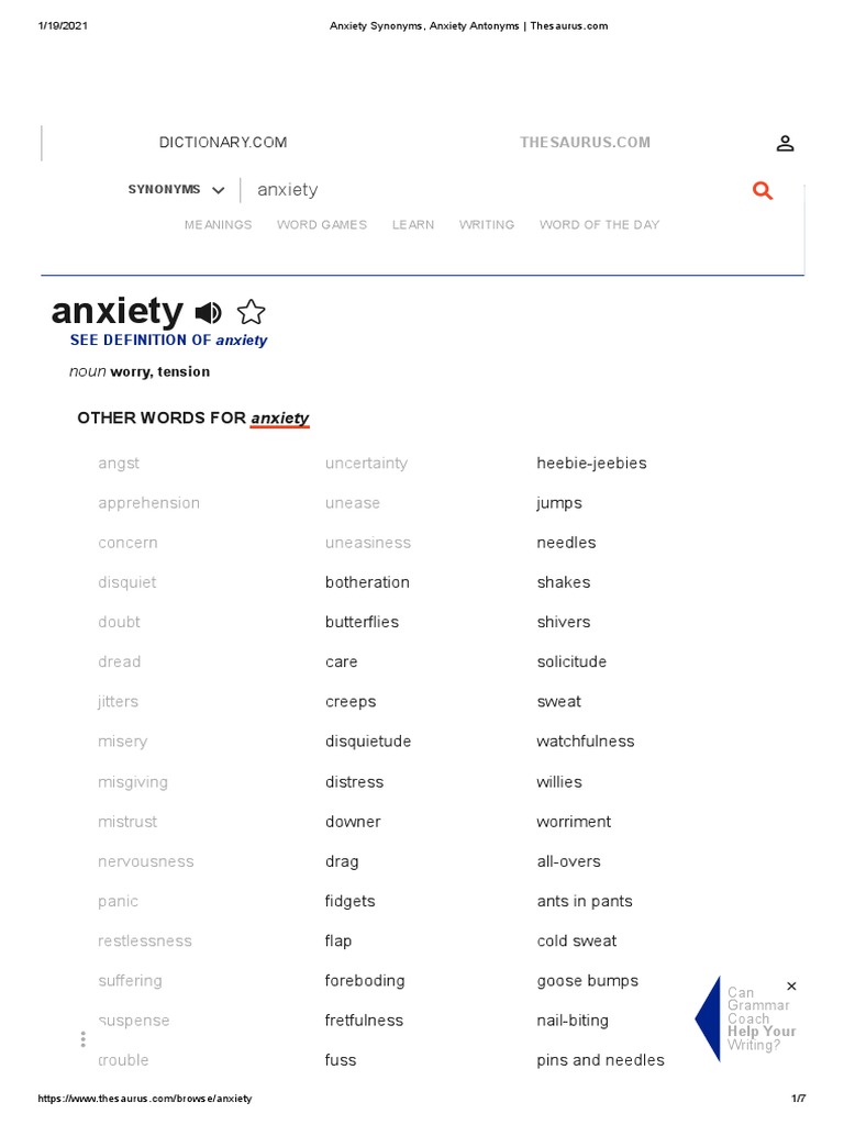 Anxiety Synonyms, Anxiety Antonyms | PDF | Anxiety | Panic Attack