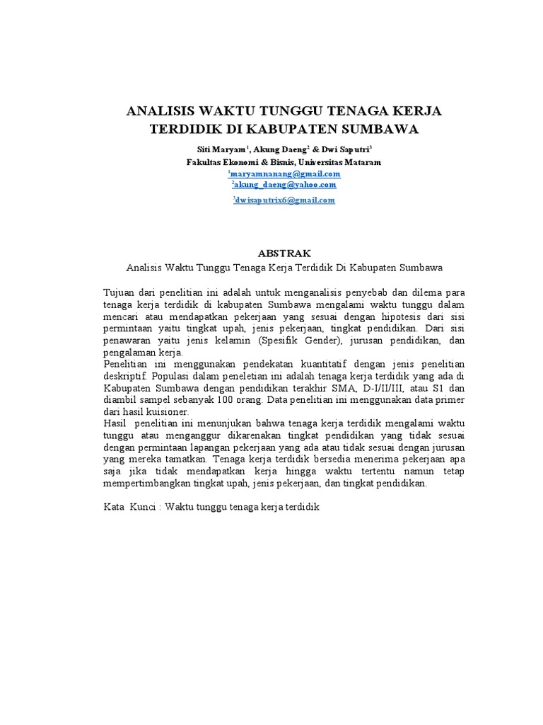 Analisis Waktu Tunggu Tenaga Kerja Terdidik Di Kabupaten Sumbawa | PDF