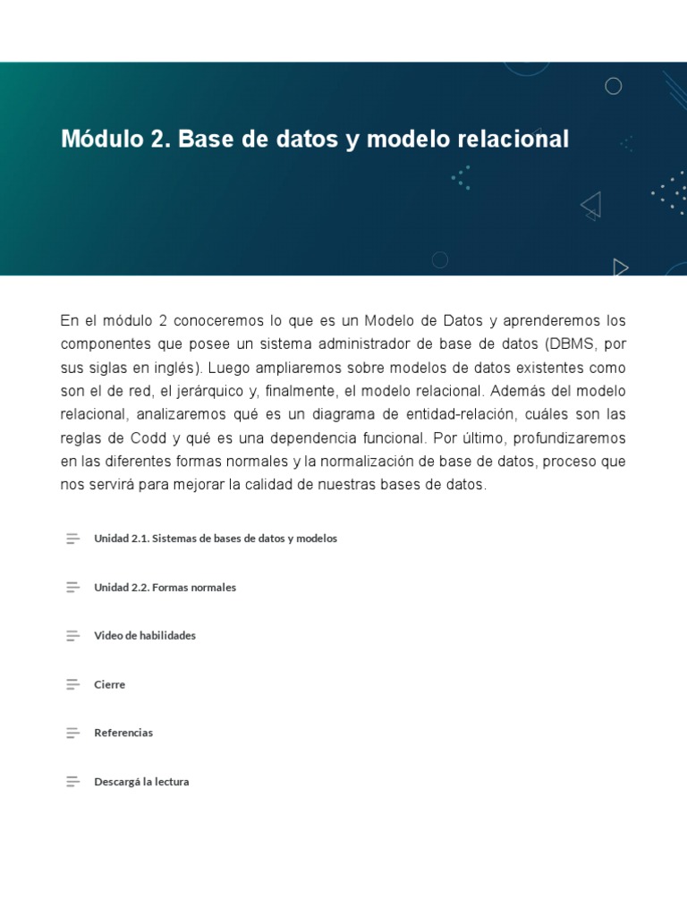 Módulo 2. Base de Datos y Modelo Relacional | PDF | Bases de datos | Base de datos relacional