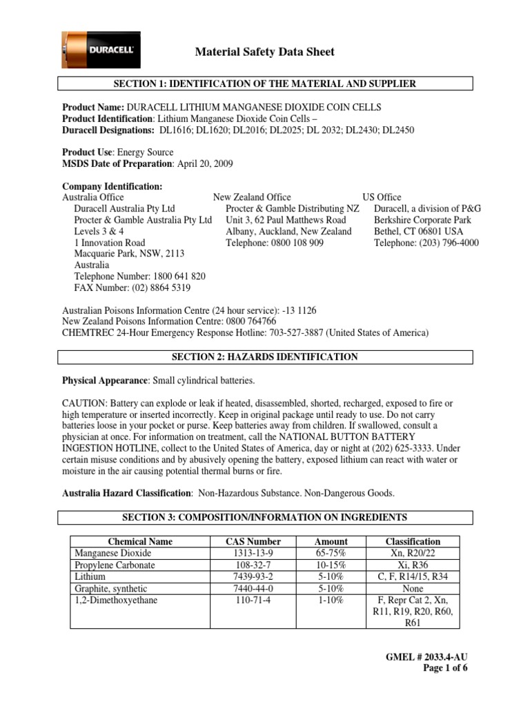 Duracell Lithium Manganese Dioxide Coin Cell Batteries (AU MSDS) | PDF ...