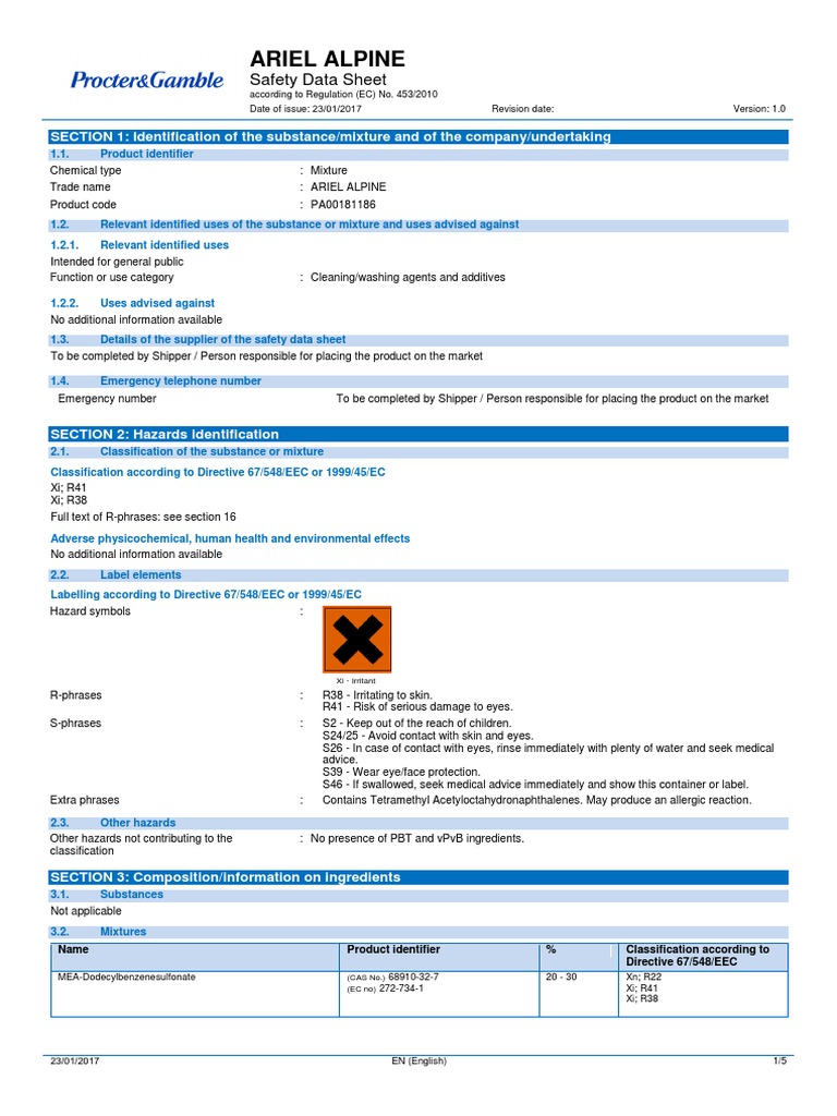 Ariel Alpine: Safety Data Sheet | PDF | Toxicity | Firefighting