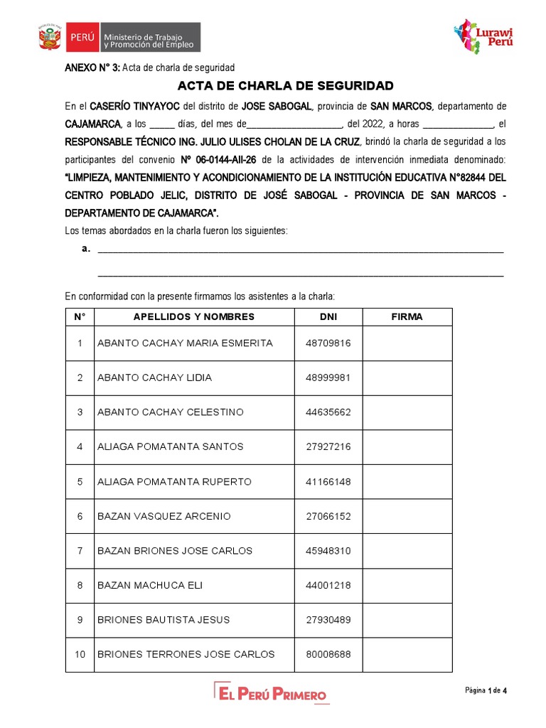 Acta de Charla de Seguridad | PDF