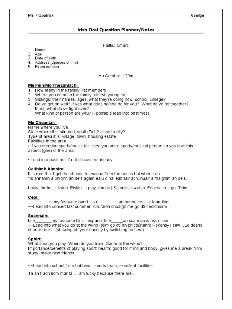 Irish Oral Plan & Notes 2021 | PDF | Language Arts & Discipline