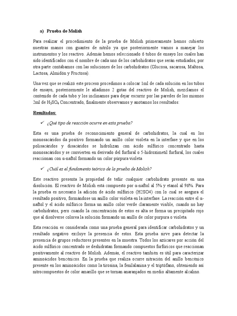 Prueba de Molish | PDF | Carbohidratos | Sacarosa