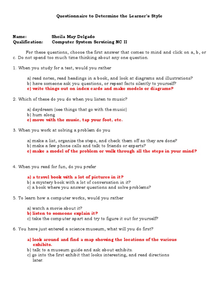 Questionaire To Determine Learners Style | PDF | Learning Styles | Learning