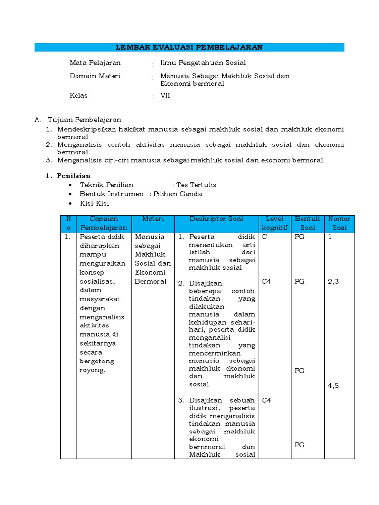 KISI KISI, INSTRUMEN Dan RUBRIK | PDF