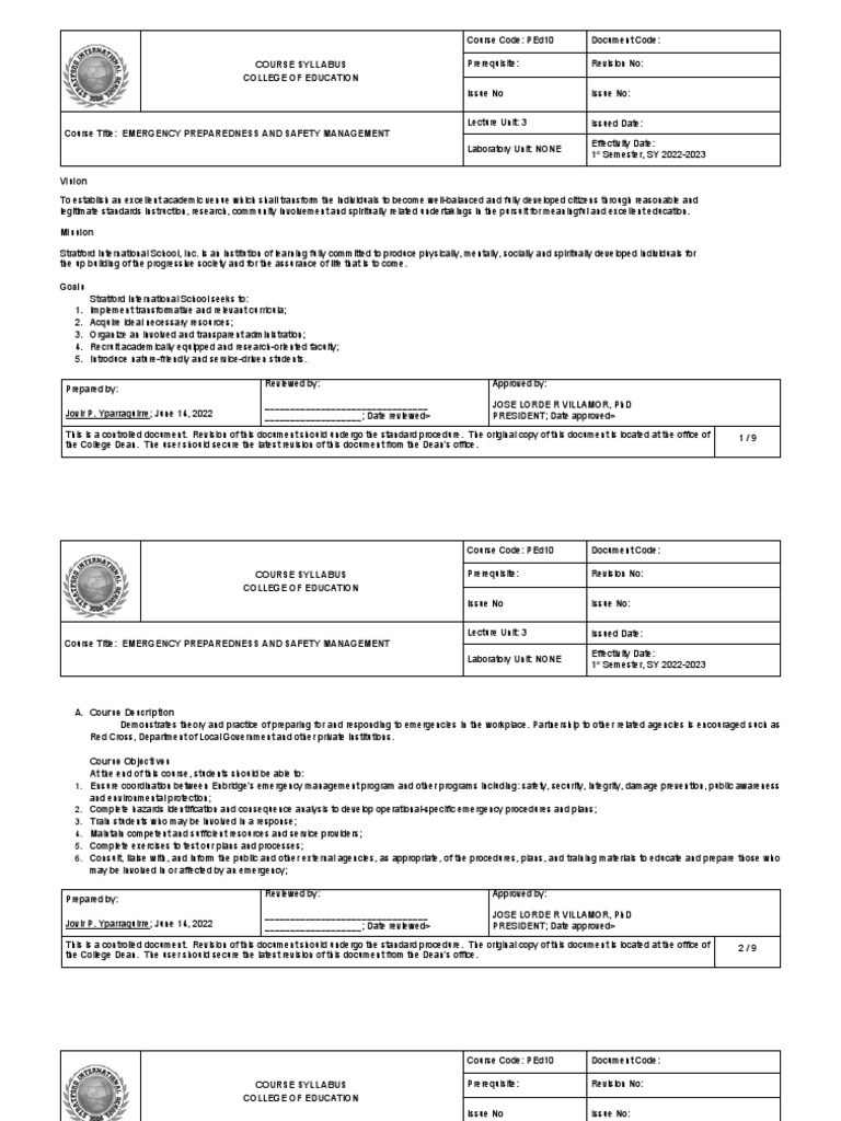Emergency Preparedness and Safety Management Course Syllabus | PDF ...
