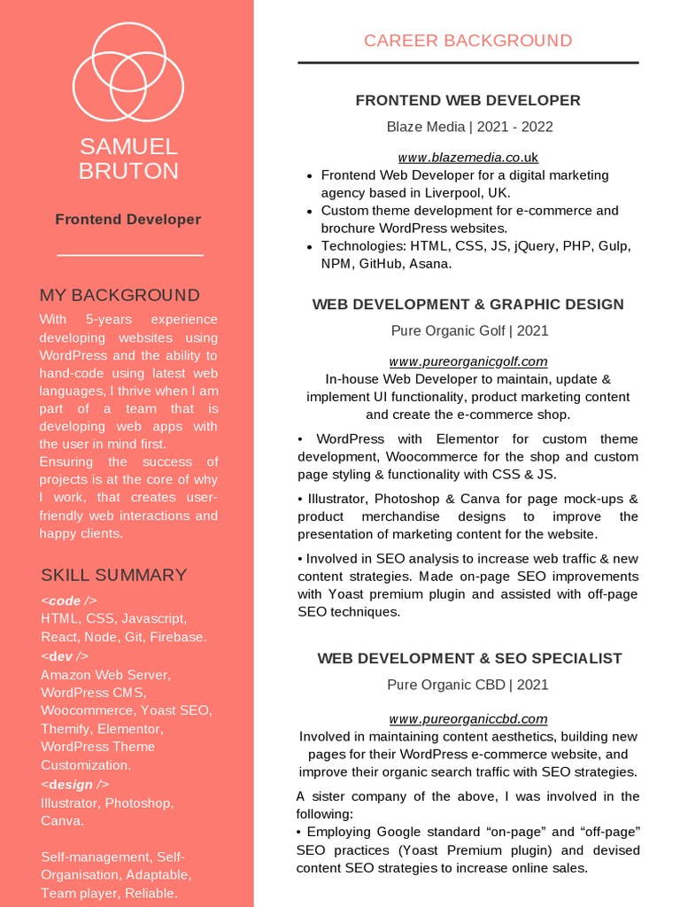 Frontend Developer Samuel Bruton | PDF | Word Press | World Wide Web