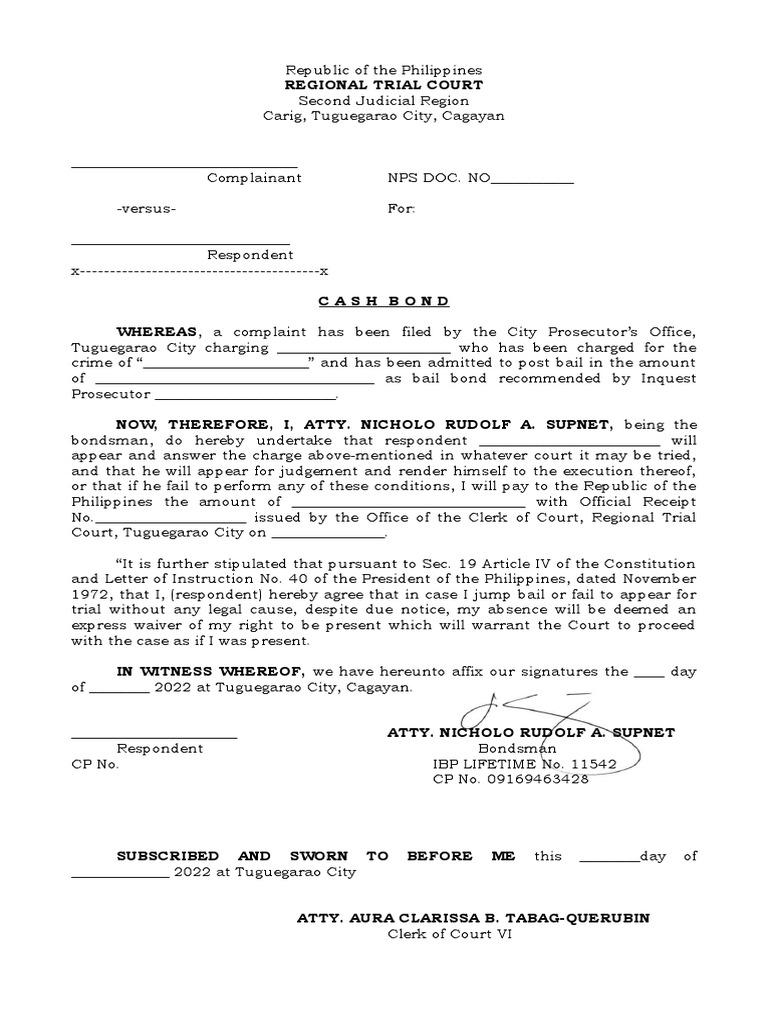 Cash Bond | PDF | Bail | Affidavit