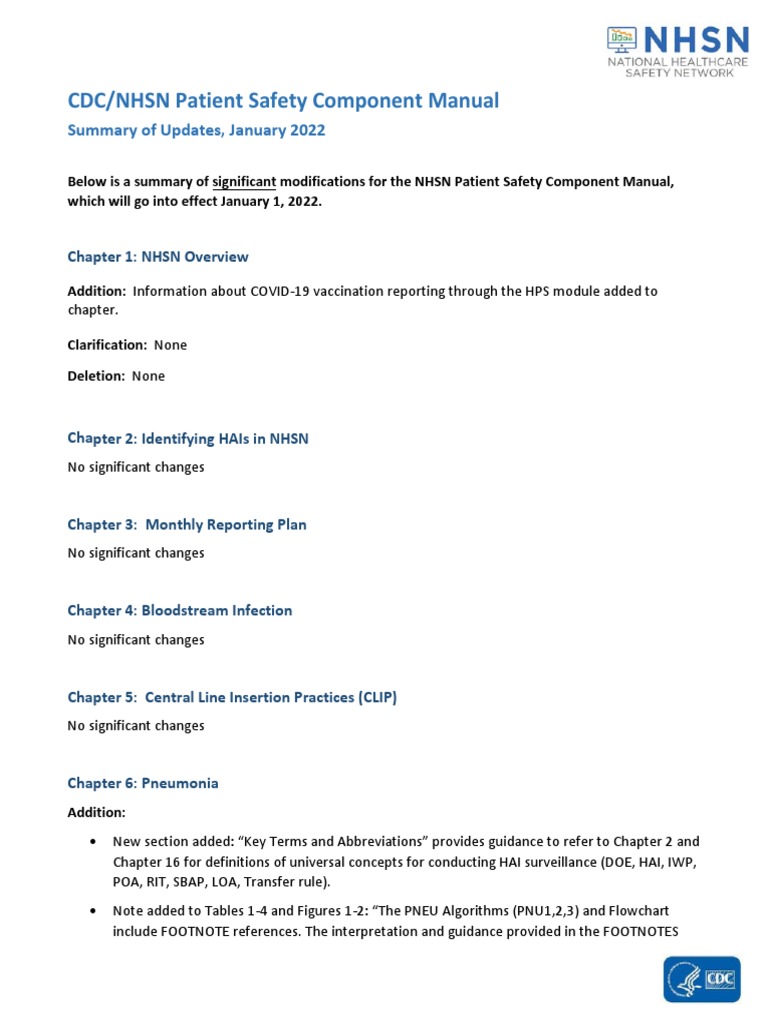 CDC/NHSN Patient Safety Component Manual: Summary of Updates, January ...