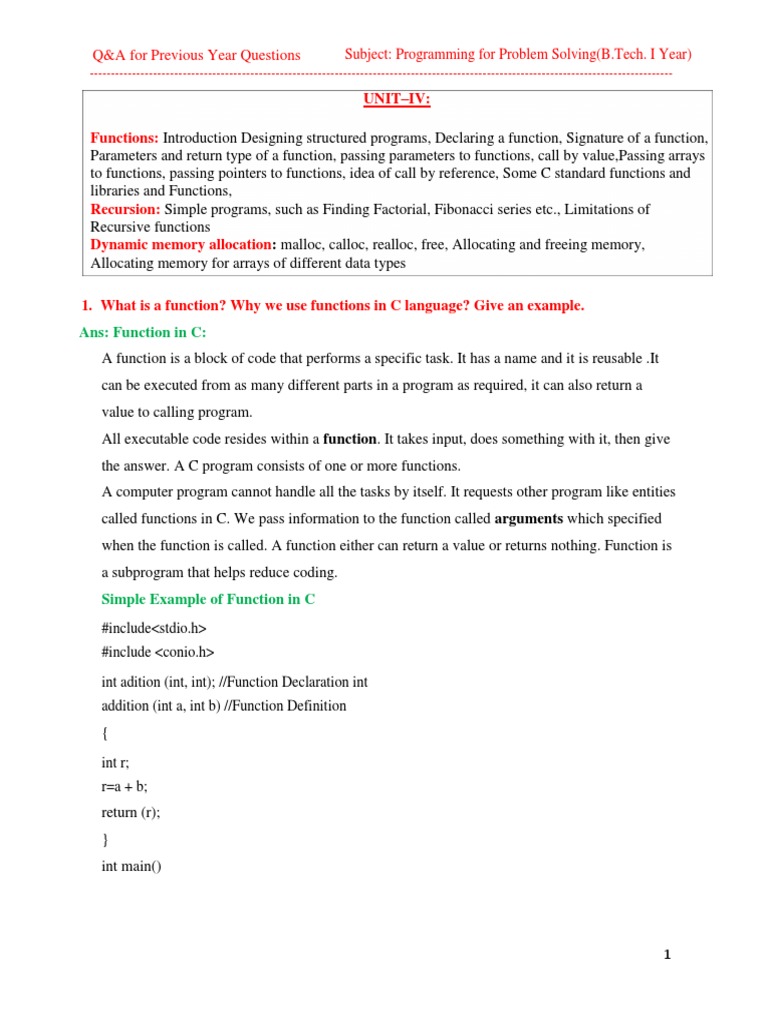 UNIT-IV (Q - A) - CP - Chandini Chandini | PDF | Subroutine | Parameter (Computer Programming)