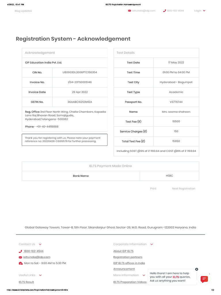 IELTS Registration Acknowledgement | PDF | Computing | Communication