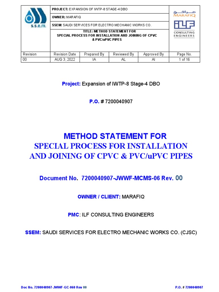 METHOD STATEMENT FOR PVC - Upvc-Cpvc | PDF | Pipe (Fluid Conveyance) | Polyvinyl Chloride