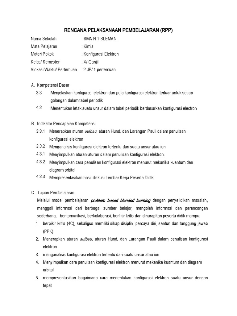 RPP PBL 1 Konfigurasi Elektron | PDF