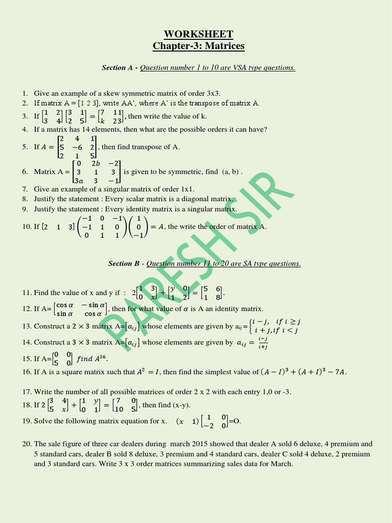Worksheet Chapter-3: Matrices: Section A - Question Number 1 To 10 Are ...